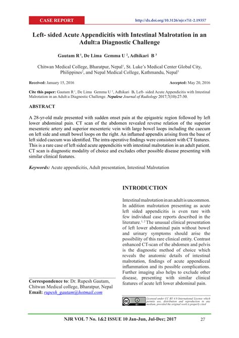PDF Left Sided Acute Appendicitis With Intestinal Malrotation In An Adult A Diagnostic Challenge