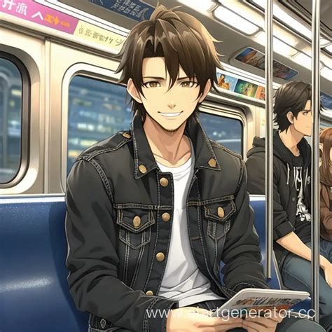 Brunette Guy Smiling In Black Denim Jacket With Anime In Subway Car