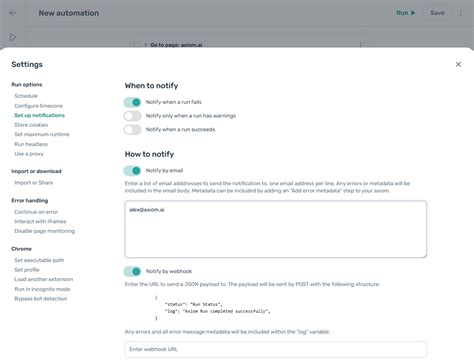learn how to set up notifications for your automation run options