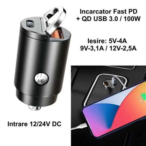 Incarcator Auto Slim Tip C Fast Usb PD 100W CC 326