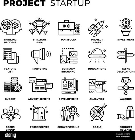 Startup Launch Business Workflow New Product Start Up Research Thin Line Vector Icons