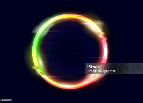 네온 서클 Led 라이트 링 모양 글리치 효과와 연기 음악 콘서트 최소한의 텍스처 광고 기호 발광 요소 다채로운 그라데이션 라인 형태 벡터 그림 배경 식 우주에 대한 스톡