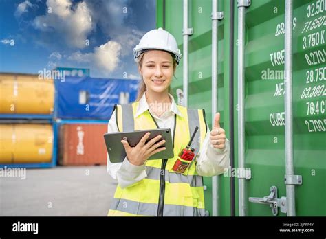 Woman Inspector Manager Checking Cargo In Container Cargo Customterminal Port Woman Use Tablet