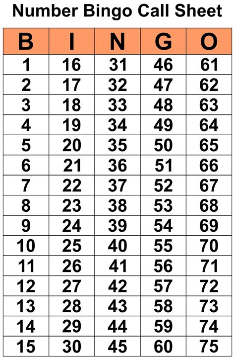 Bingo Calling Sheet Printable