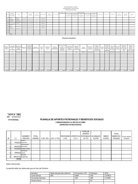 Planilla De Sueldos Y Aportes Octubre Pdf Impuestos Finanzas Del