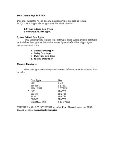 Data Types In Sql Server Pdf Data Type Integer Computer Science