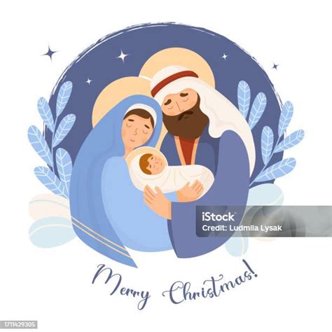 거룩한 가족 메리 크리스마스 카드 성모 마리아 성 요셉 아기 예수 그리스도 구세주의 탄생 거룩한 밤 크리스마스 휴일 디자인 장식 엽서를 위한 만화 플랫 스타일의 벡터 그림