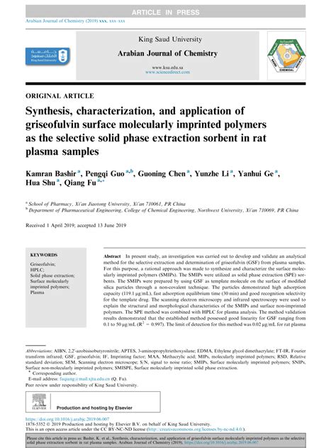 Pdf Synthesis Characterization And Application Of Griseofulvin Surface Molecularly Imprinted
