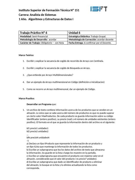 Tp Unidad 6 Recorrido Y Busqueda De Arrays Pdf Matriz