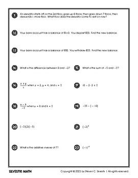 Integers Adding Subtracting Multiplying Dividing Practice Problems