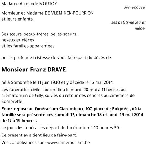 Avis De Décès De Franz Draye Décédé Le 16052014 à Sombreffe Annonce Condoléances Fleurs