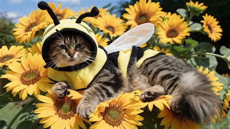 Cat In Bee Costume Relaxing Among Sunflowers Stock Illustration