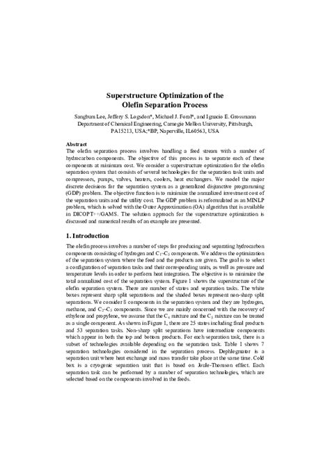 pdf superstructure optimization of the olefin separation process