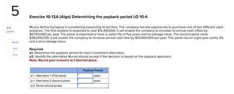 solved exercise 10 12a algo determining the payback period