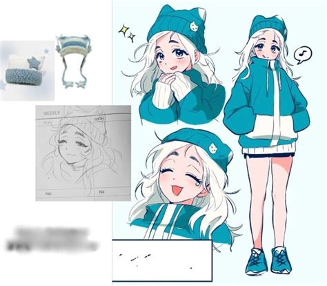 Original 1girl Beanie Black Shorts Blue Hat Blue Jacket Blue