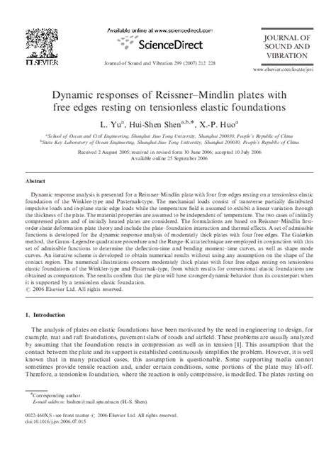 Pdf Dynamic Responses Of Reissner Mindlin Plates With Free Edges Resting On Tensionless
