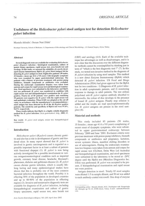 Pdf Usefullness Of The Helicobacter Pylori Stool Antigen Test For