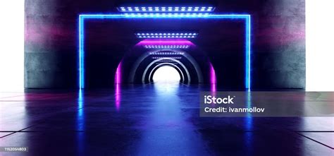 미래 타원형 원형 네온 빛나는 보라색 파란색 사각형 모양의 레이저 빔 조명 콘크리트 그런 지 바닥 반사 터널 복도 어두운 입구 단계 3d 렌더링 0명에 대한 스톡 사진 및