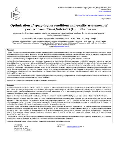 Optimization Of Spray Drying Conditions And Quality Assessment Of Dry Extract From Perilla