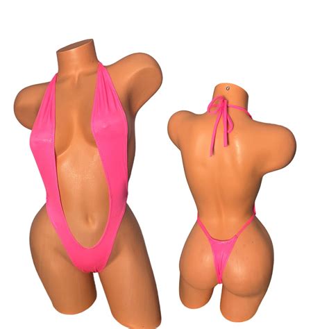 One Piece Thong Slingshot Neon Pink Sling Bikini Monokini Wet Look Plus Size Xs Xl Etsy
