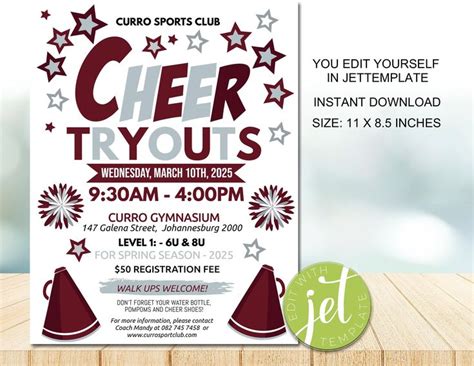 Editable Cheer Tryout Flyer Template Cheerleading Team Tryouts