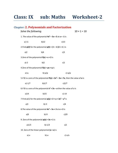 Class 9 Polynomials And Factorization Worksheet 2 Online Exercise For