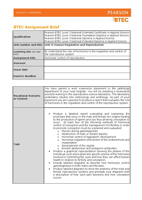 Authorised Assignment Brief For Learning Aim C Unit Human Regulation And Reproduction BTEC