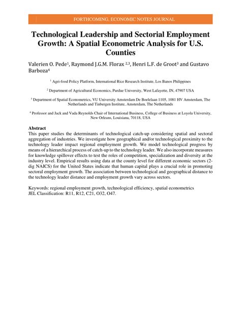 Pdf Technological Leadership And Sectorial Employment Growth A Spatial Econometric Analysis