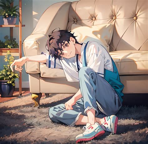 Anime Boy Sitting On The Floor In Front Of A Couch Handsome Anime Pose