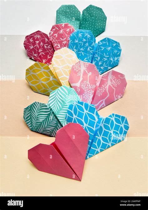 Colorful Origami Paper Hearts In Assorted Patterns And Designs Stock