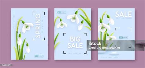 현실적인 전체 꽃 헌병이 있는 봄 큰 판매 포스터 세트 현대 잡지 표지 세트입니다 벡터 그림 3월에 대한 스톡 벡터 아트 및