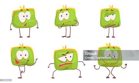 귀여운 녹색 휴머니즘 지갑 컬렉션 재미있는 얼굴과 다양한 감정 벡터 일러스트와 지갑 만화 캐릭터 이모티콘에 대한 스톡 벡터 아트