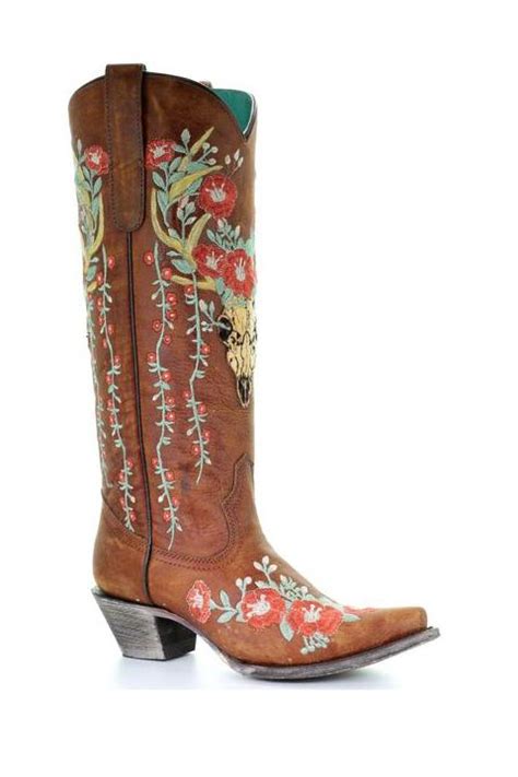 Corral Womens Tan Deer Skull And Floral Embroidery Boots Embroidery