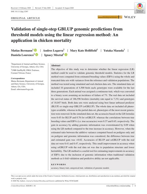 Pdf Validation Of Single Step Gblup Genomic Predictions From Threshold Models Using The Linear