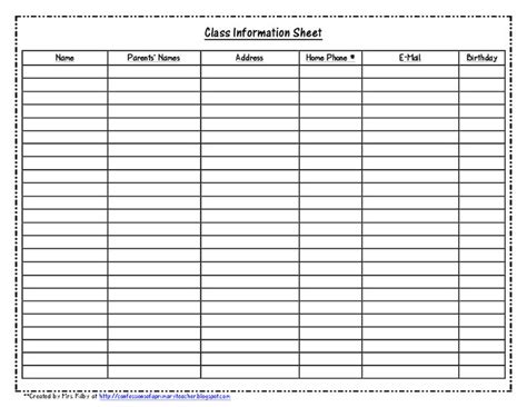 Class Information Sheet For Beginning Of The Year Beginning Of The School Year Sheet