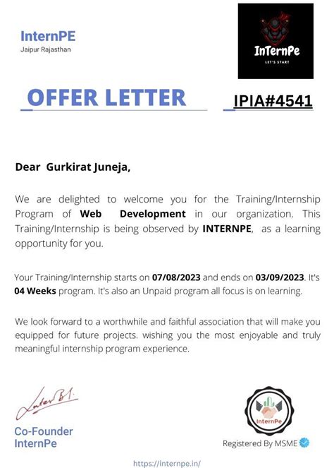 Gurkirat Juneja On Linkedin Offerletter Webdeveloper Internpe