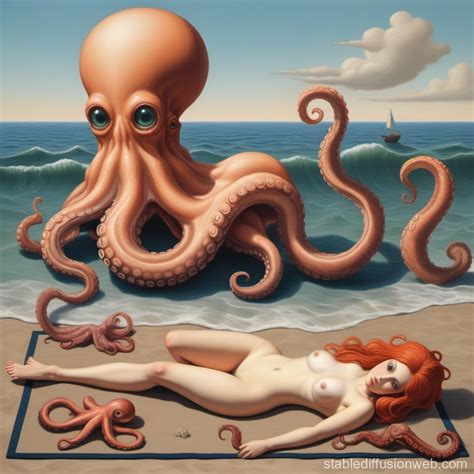 Magritte Inspired Seashore Scene With Mermaids And Octopus Stable Diffusion Online
