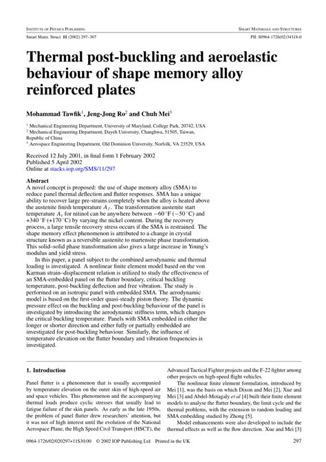 Pdf Thermal Post Buckling And Aeroelastic Behaviour Of Shape Memory Alloy Reinforced Plates