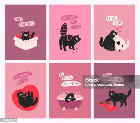 손으로 그린 인사말 카드 세트로 발렌타인 데이와 귀여운 고양이와 사랑 베개에 누워 있는 새끼 고양이 선물 상자에 앉아 있는 새끼