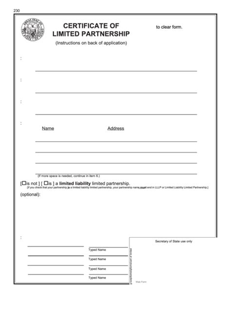 Fillable Form 230 Certificate Of Limited Partnership Printable Pdf Download