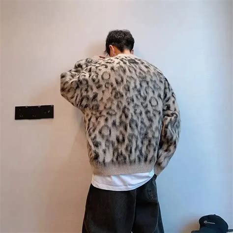 Vintage Leopard Print Mens Sweater Warm Winter Knit Pullover Casual
