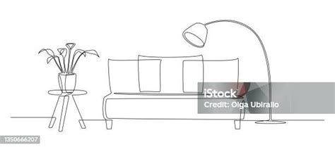 소파와 바닥 램프와 식물 테이블의 연속 한 줄 그리기 로프트 아파트의 거실 인테리어 심플한 리니어 스타일의 현대적인 가구 낙서 벡터 일러스트레이션 한붓그리기에 대한 스톡