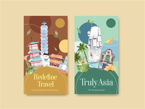 소셜 미디어 및 온라인 마케팅 수채화 벡터 일러스트 레이 션을위한 아시아 여행 컨셉 디자인 Instagram 템플릿 무료 벡터