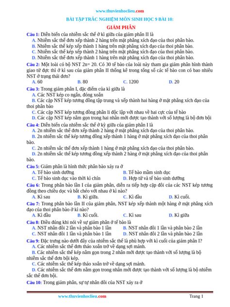 Trac Nghiem Sinh Hoc 9 Bai 10 | PDF