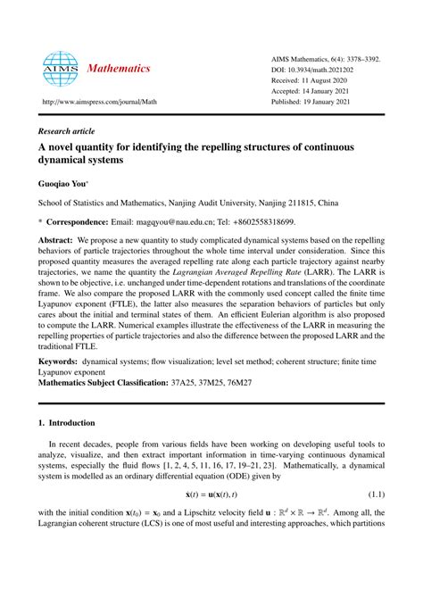 Pdf A Novel Quantity For Identifying The Repelling Structures Of Continuous Dynamical Systems