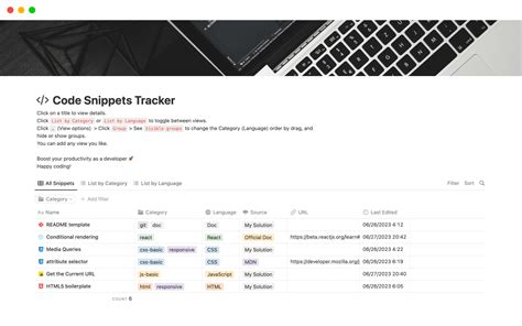 Code Snippets Tracker Template By Chocolat Notion Marketplace