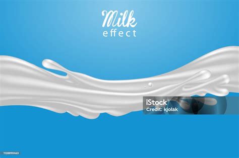 우유 효과입니다 블루 Background3d 벡터에 밝아진와 흰 우유의 제트기 높은 상세한 현실적인 그림 갈색에 대한 스톡 벡터