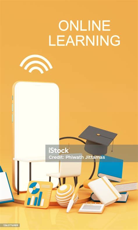 스마트 폰과 대학원 모자 오픈 북 풍선 통치자 통계 그래프 파란색과 노란색 배경 3d 렌더에 연필과 돋보기로 둘러싸인 Wifi