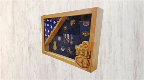 Engraved Military Retirement Shadow Box Usn Anchor Flag Display Case
