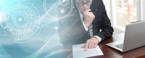 Senior Businessman Reading And Checking Document Lorem Ipsum Text Used Panoramic Banner Stock